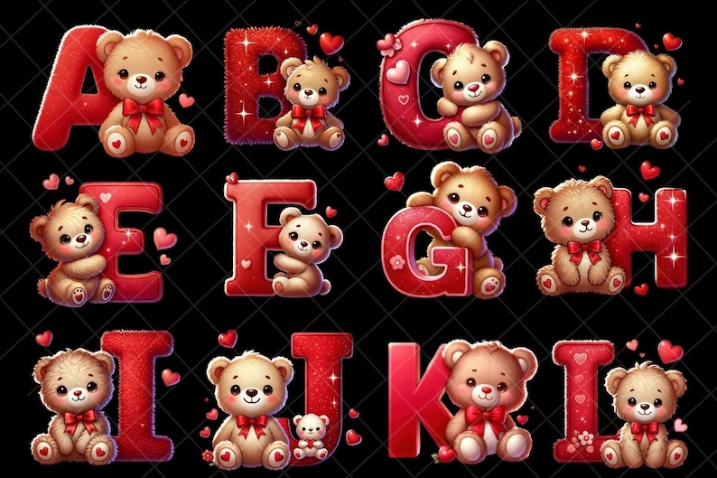 Valentine Bear Alphabet, Bear Letters, Clipart, Cute Teddy Bear Letters ...