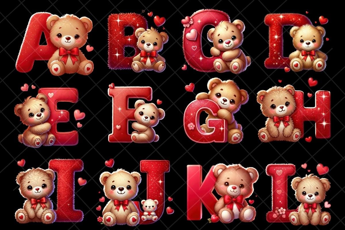 Valentine Bear Alphabet, Bear Letters, Clipart, Cute Teddy Bear Letters ...