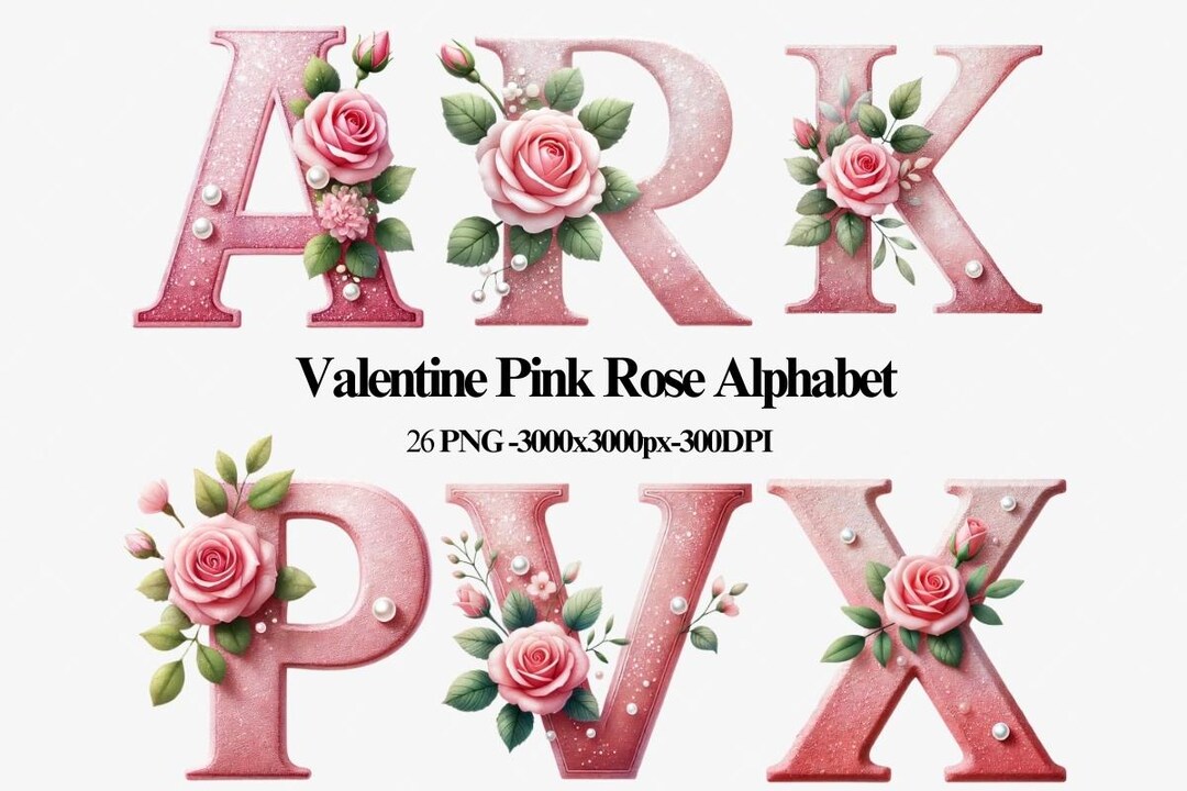 Valentine Pink Rose Alphabet Clipart, Love Letters, Floral Glitter ...
