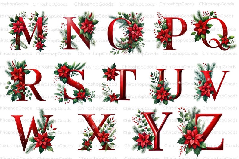 Christmas Alphabet Clipart: Red Watercolor Floral Letters (PNG Digital ...