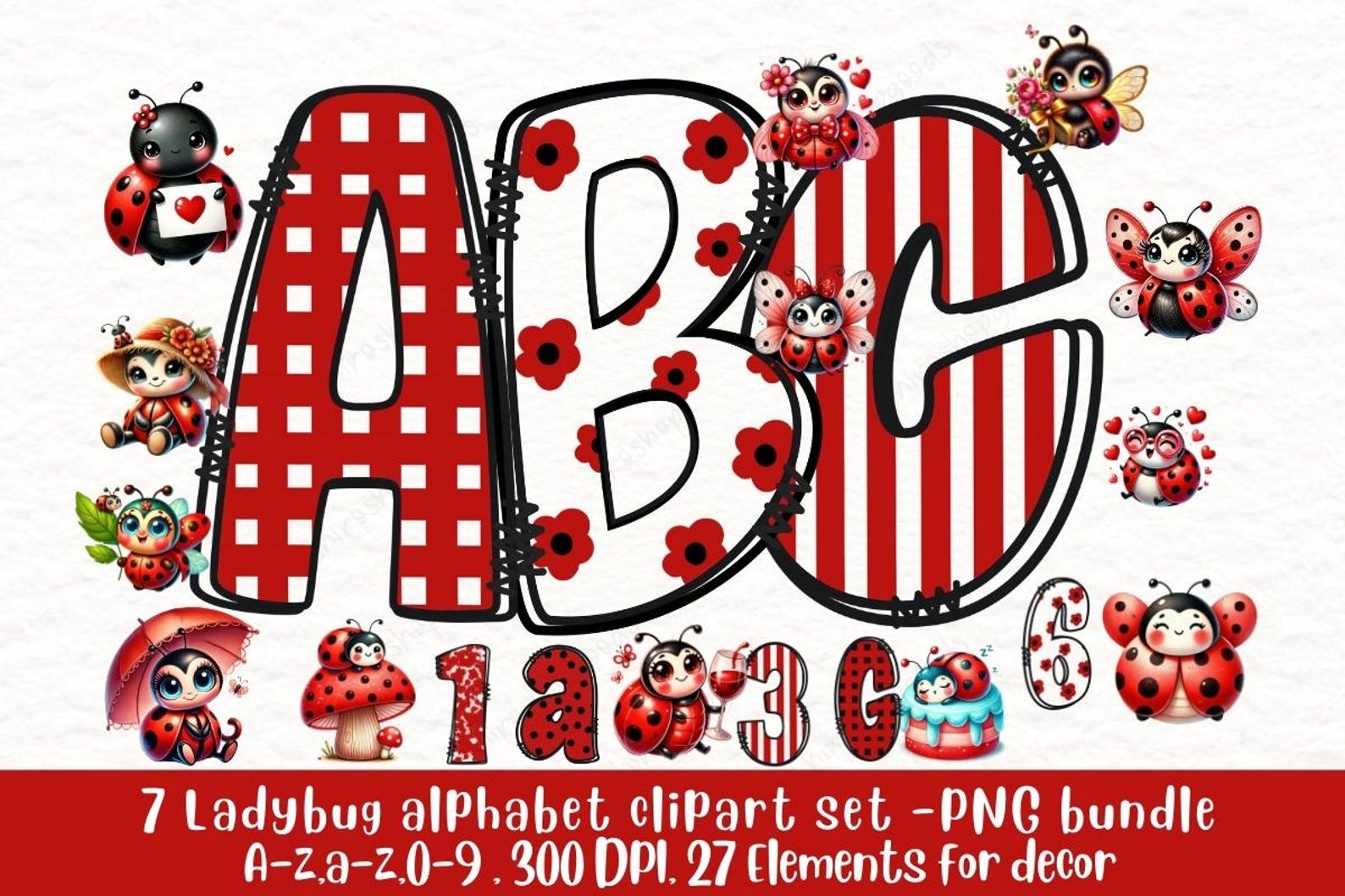 Ladybug Alphabet Clipart Set PNG, Cute Red Black Letters A-Z 0-9 ...