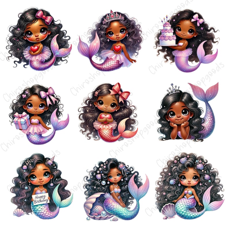 Cute African Mermaid Clipart, Birthday Mermaid, Little Mermaid, Cute ...