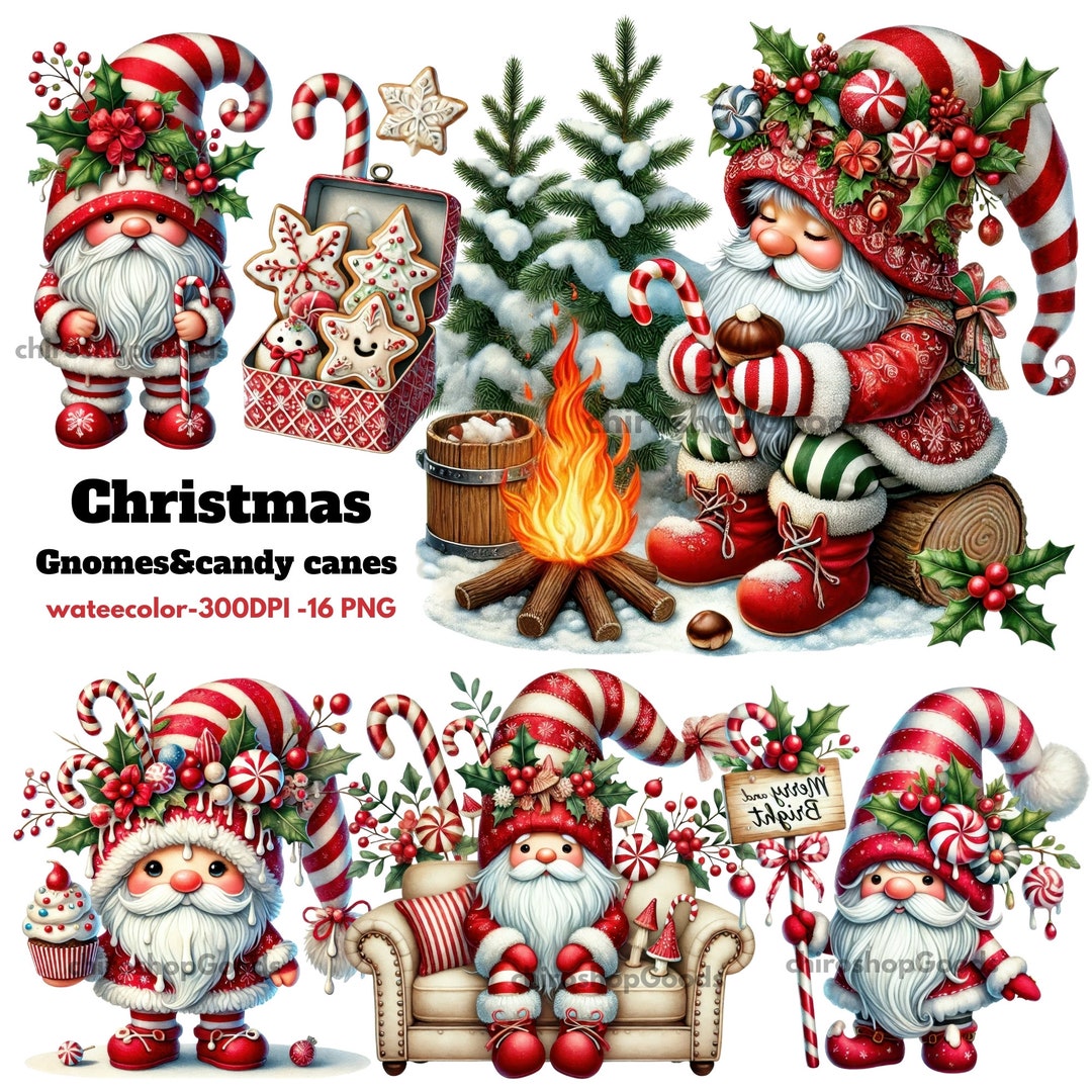 Christmas Gnomes, Watercolor Clipart, Cute Gnome, Candy Cane, Happy ...