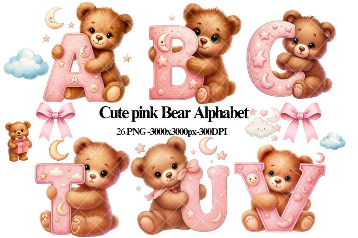 Pink Bear Alphabet PNG Clipart: Baby Girl Nursery Letters (digital ...