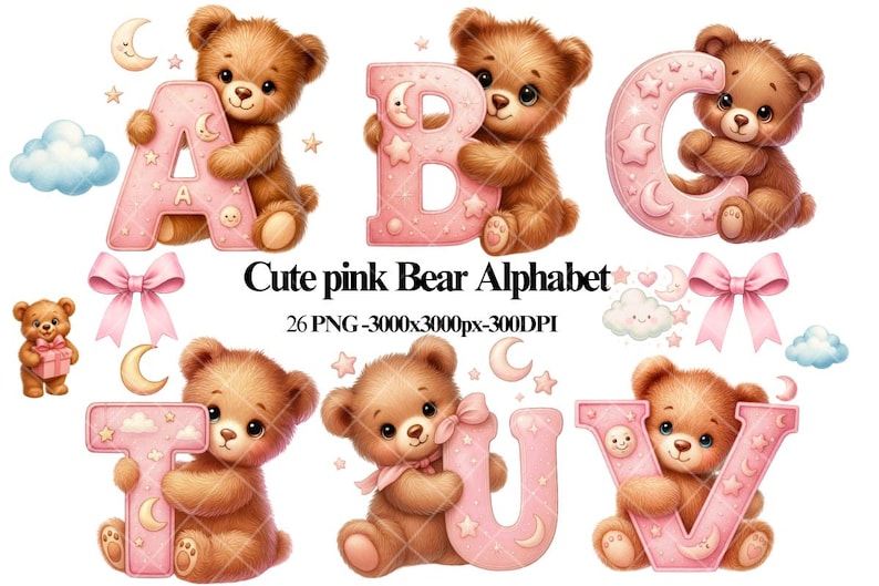 Pink Bear Alphabet PNG Clipart: Baby Girl Nursery Letters (digital ...