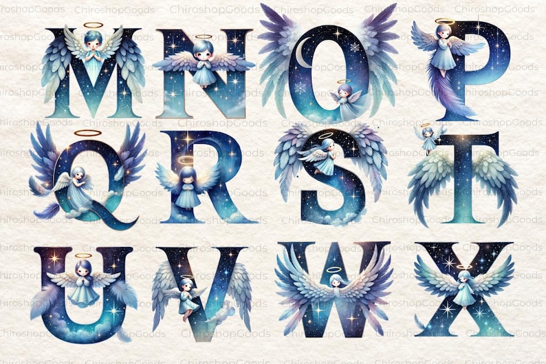 Angels Alphabet Watercolor Clipart: Celestial Starry Letters (PNG ...