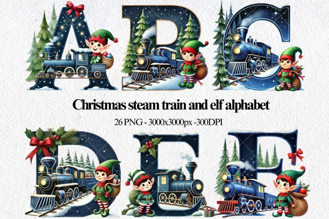 Christmas Elf Alphabet, Steam Train Clipart, Holiday Letters, Christmas ...