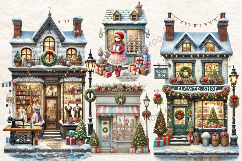 Christmas Shops Watercolor Clipart, Festive Holiday Market ...