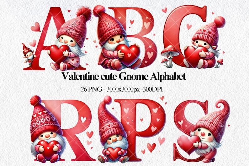 Valentine Alphabet, Valentine Gnome Alphabet, Cute Gnome Clipart Set ...