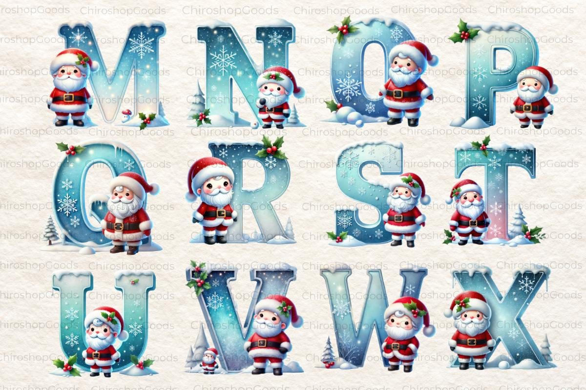 Christmas Santa Claus Alphabet Clipart: Festive Snowy Letters (PNG ...