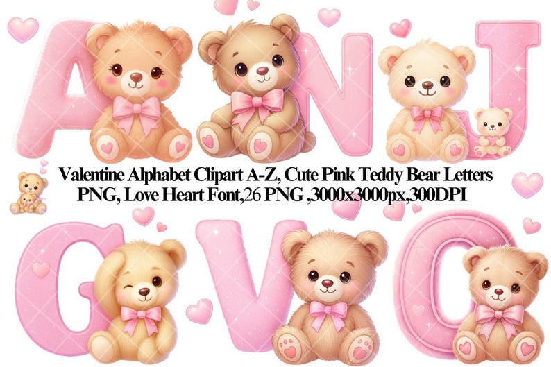 Valentine Teddy Bear Alphabet Clipart: Pink Heart Letters (digital ...