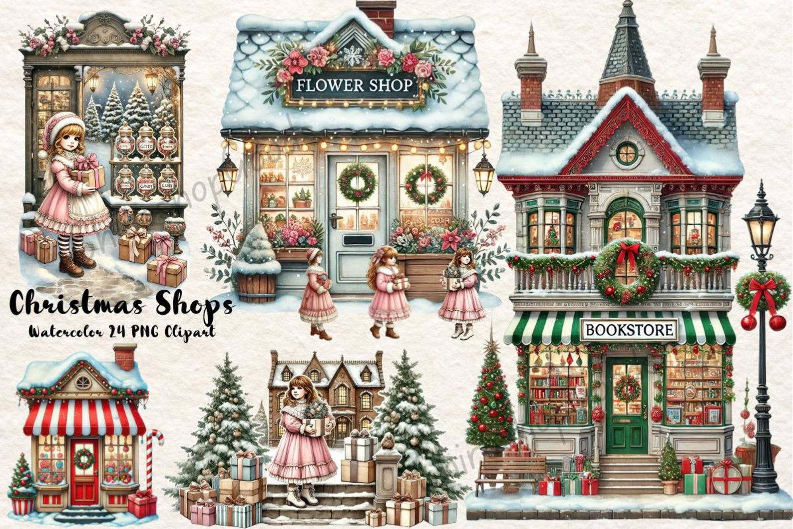 Christmas Shops Watercolor Clipart, Festive Holiday Market ...