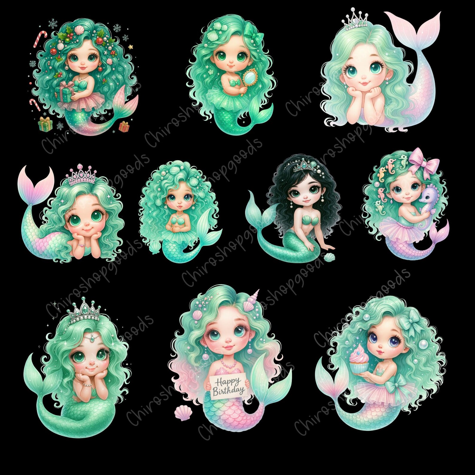 Emerald Mermaid Clipart Set: Aqua Green Fantasy Illustrations (digital ...