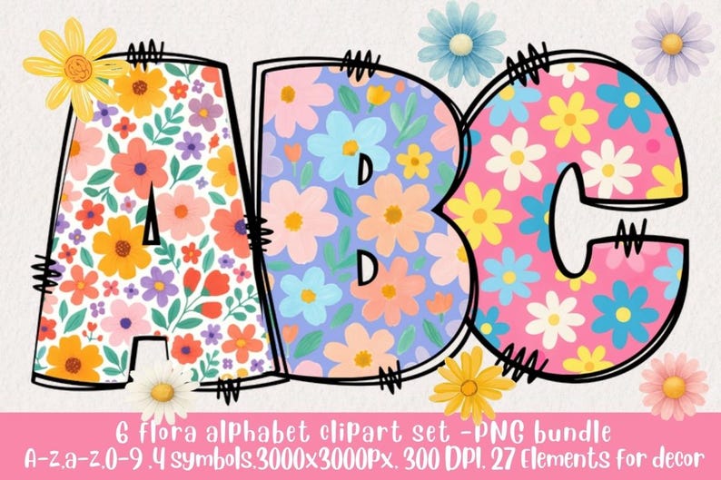 Floral Alphabet Clipart PNG Bundle: Pastel Letters, Numbers, Symbols ...