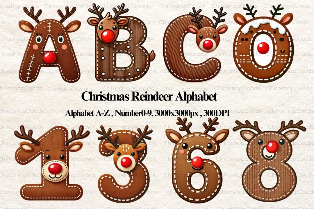 Christmas Reindeer Alphabet Clipart: Festive Letters & Numbers (PNG ...
