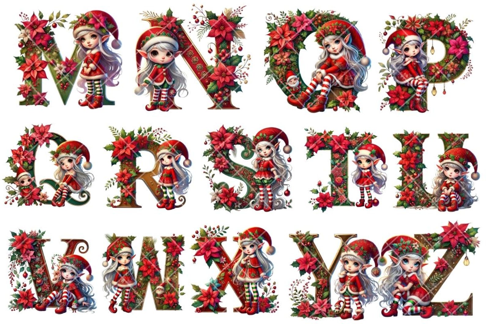 Christmas Alphabet Clipart, Elf Alphabet PNG, Festive Floral Letters ...