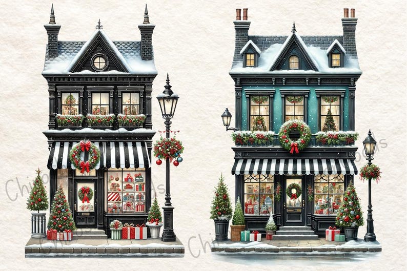 Christmas Shops Watercolor Clipart, Festive Holiday Market ...