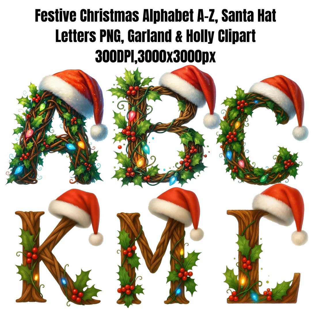 Christmas Alphabet Clipart A-Z, Santa Hat Letters PNG, Holiday Garland ...
