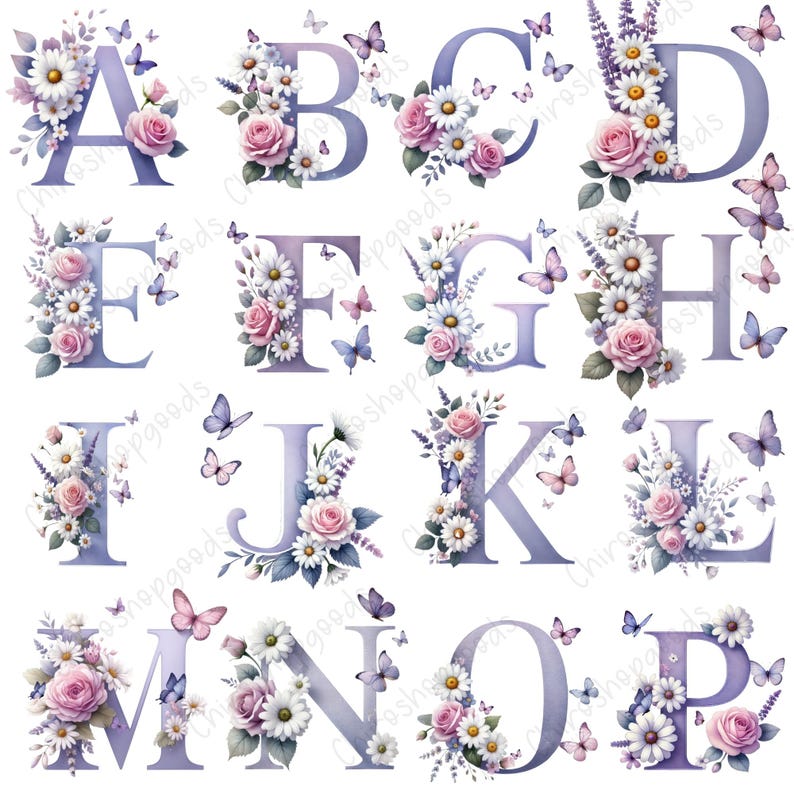 Watercolor Flower Alphabet Clipart,26 PNG Letters With Floral Design ...