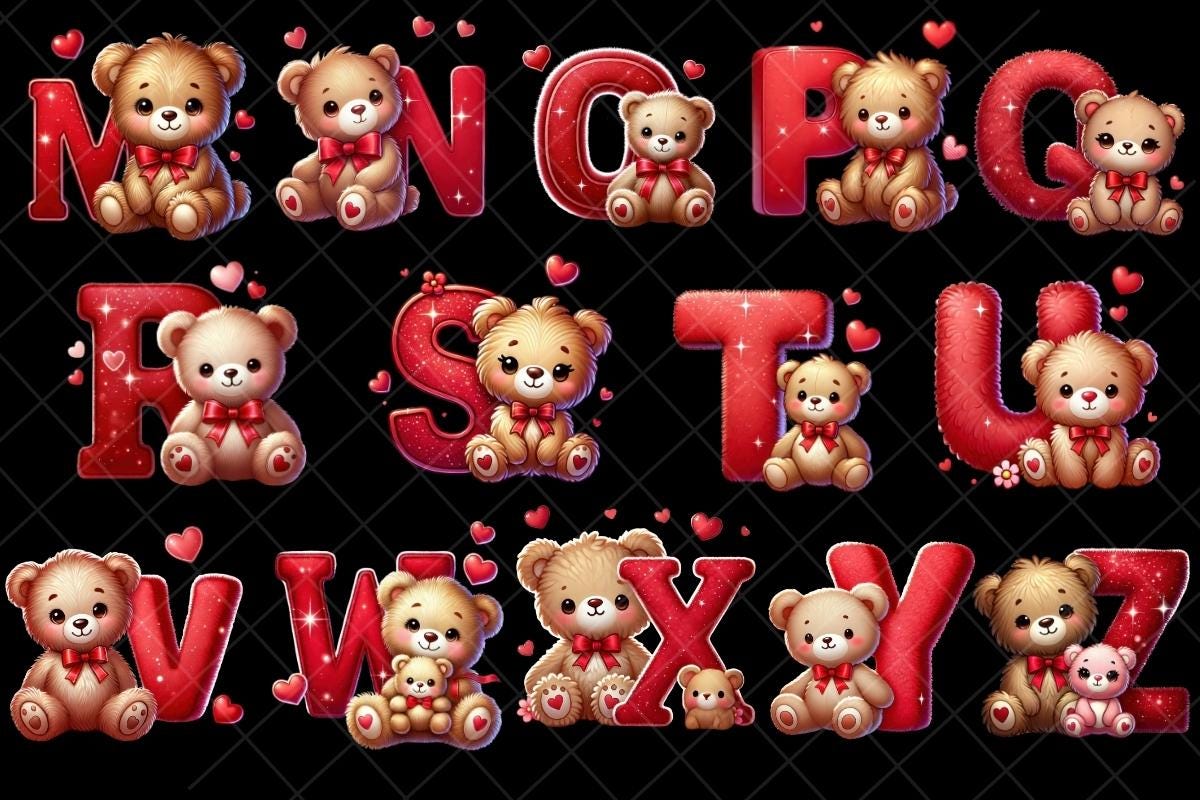 Valentine Bear Alphabet, Bear Letters, Clipart, Cute Teddy Bear Letters ...