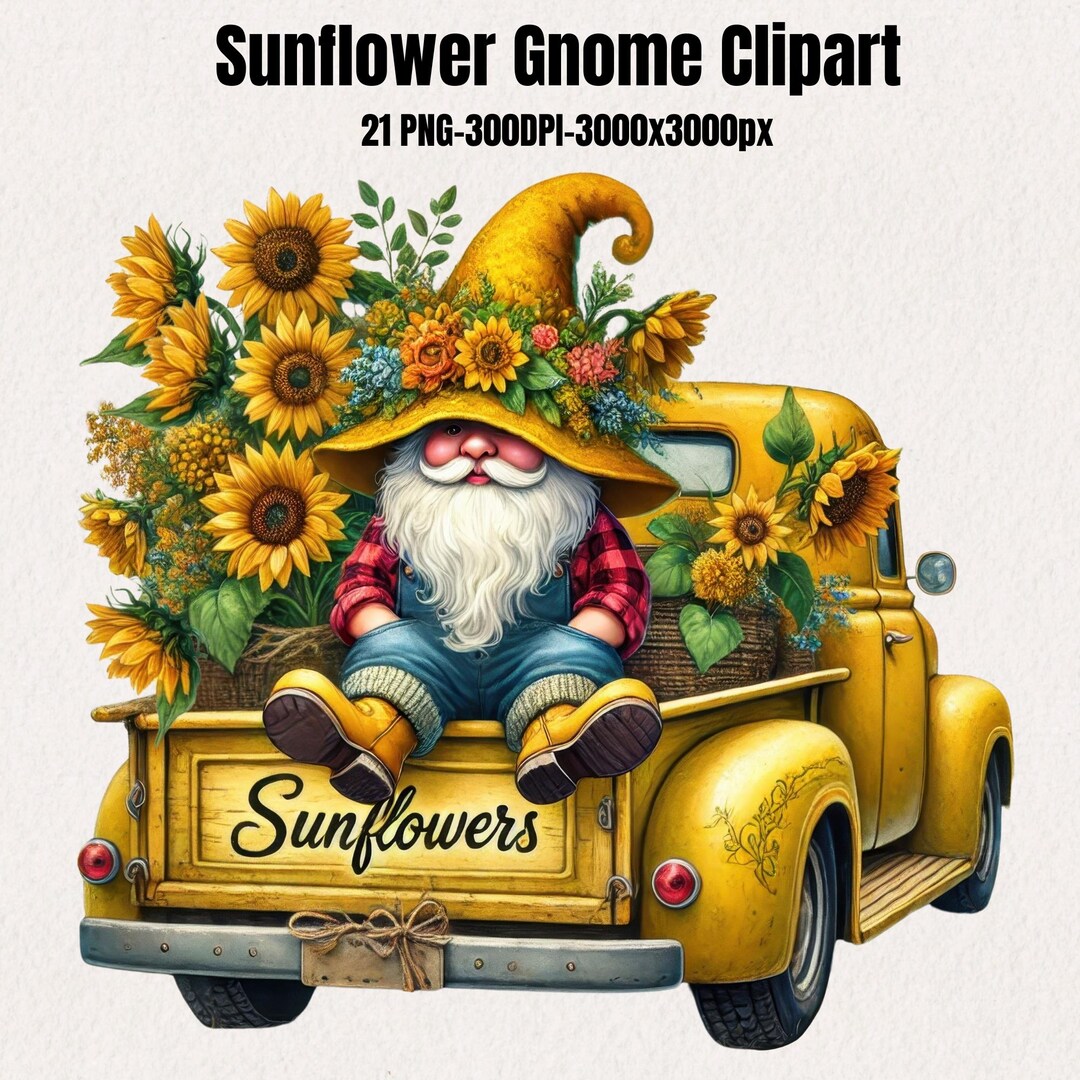 Sunflower Gnome Clipart Bundle, Cute Gnome With Sunflowers PNG ...