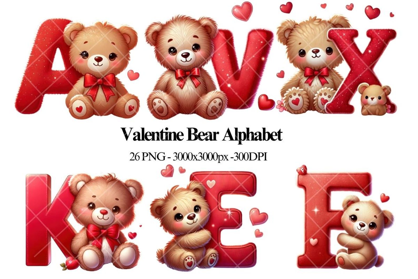 Valentine Teddy Bear Alphabet Clipart: Romantic PNG Letters (digital ...