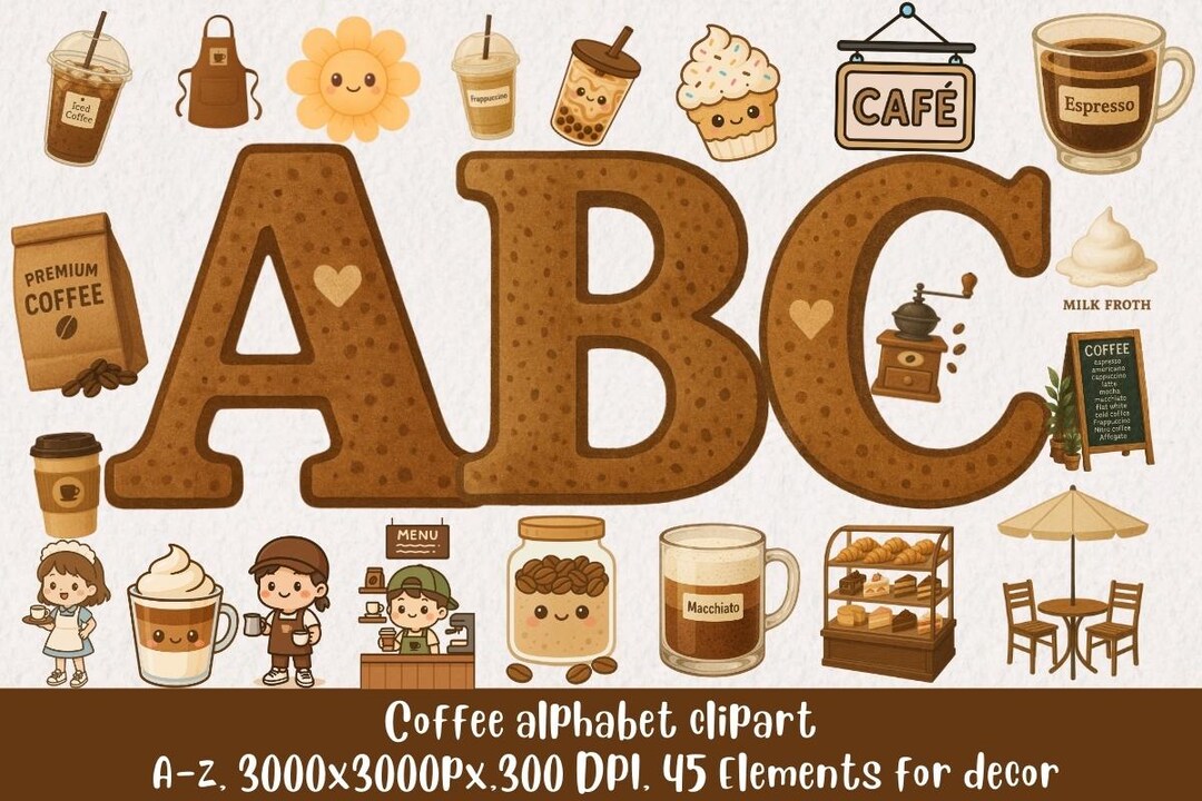 Coffee Alphabet Clipart Bundle: Cafe Letters PNG Set (digital Download ...