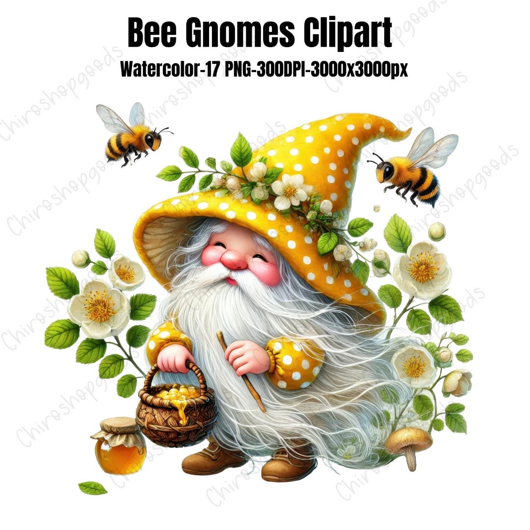 Bee Gnome Watercolor Clipart, Cute Gnome PNG Bundle, Honey Bee Gnome ...