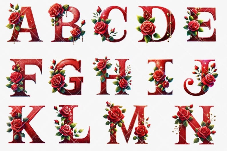 Valentine Rose Alphabet Clipart: Romantic Red Floral Letters (PNG ...