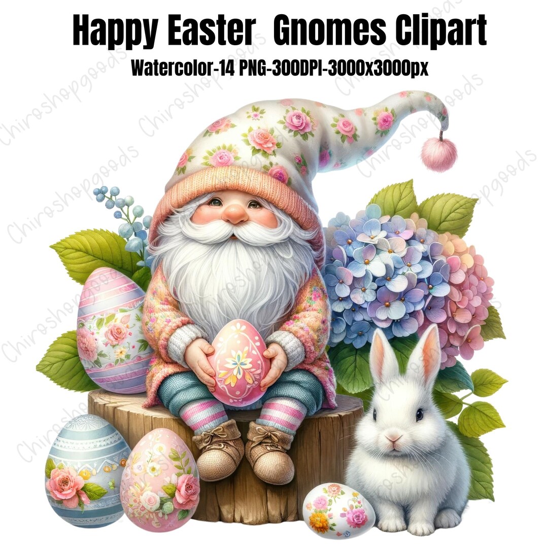 Watercolor Easter Gnome Clipart: Bunny, Floral Egg PNG (digital ...