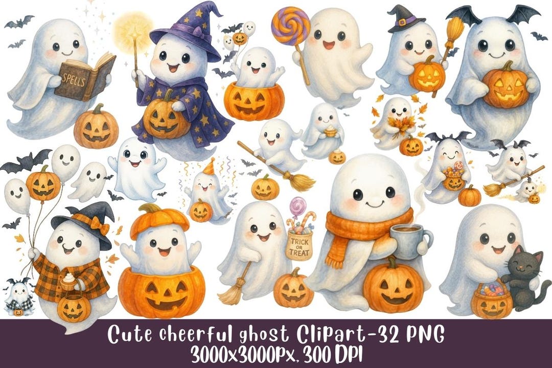 Cute Ghost Clipart Bundle | Spooky Halloween PNG Illustrations (digital ...