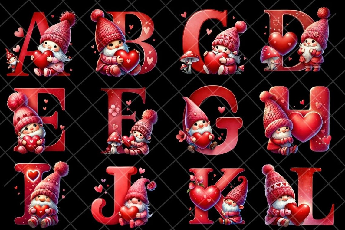 Valentine Alphabet, Valentine Gnome Alphabet, Cute Gnome Clipart Set ...
