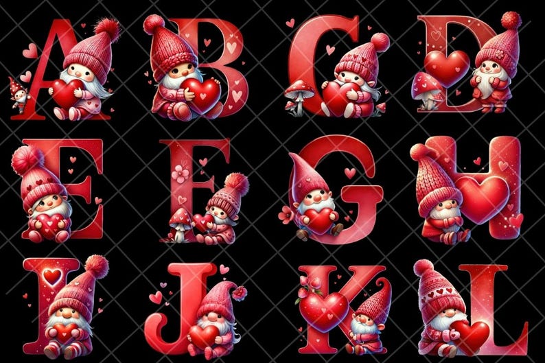 Valentine Gnome Alphabet Clipart, Red Heart Letters PNG (digital ...