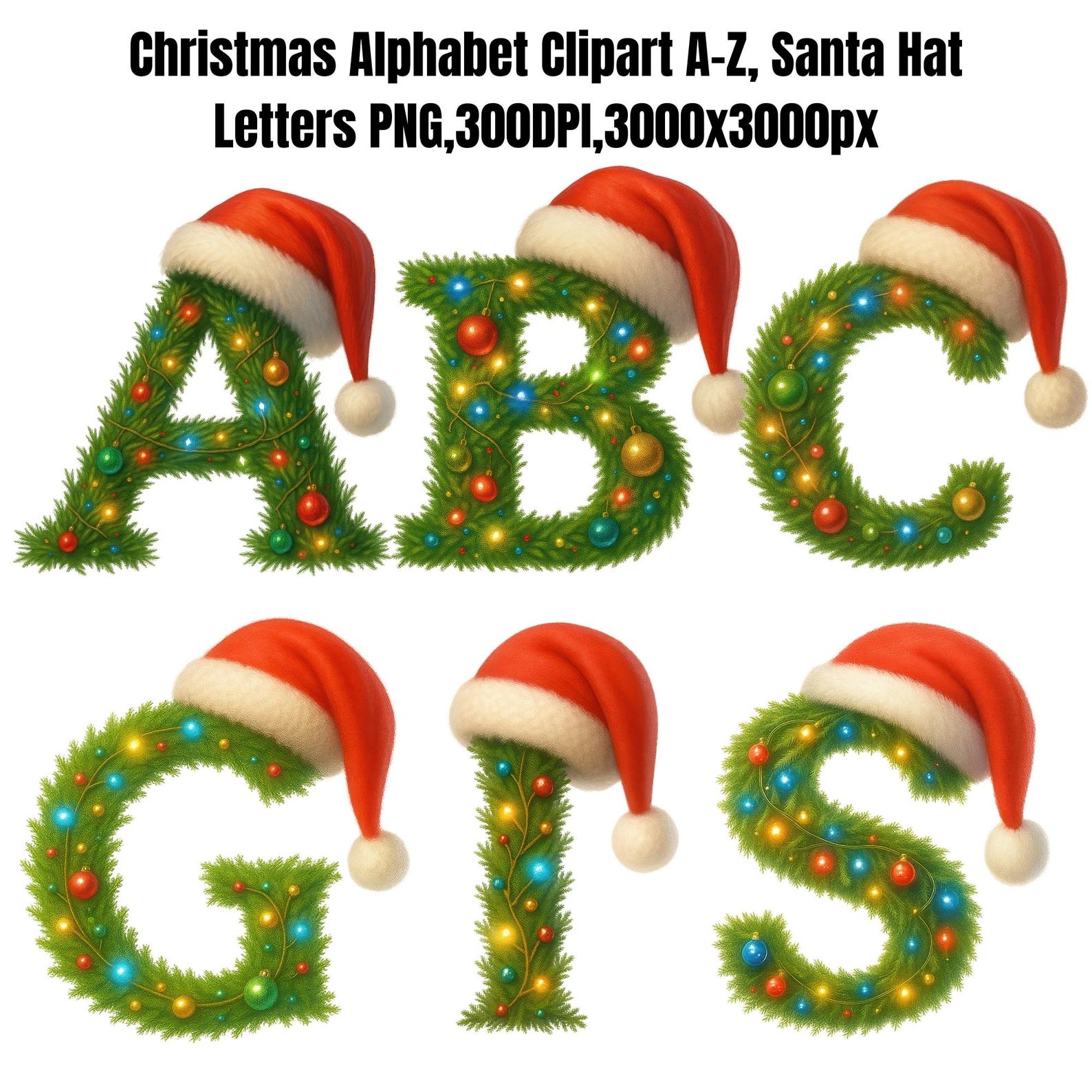 Christmas Alphabet Clipart: Santa Hat Garland Letters (PNG Digital ...