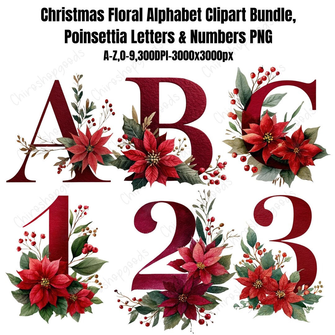 Poinsettia Christmas Alphabet Clipart: Floral Letters & Numbers PNG ...