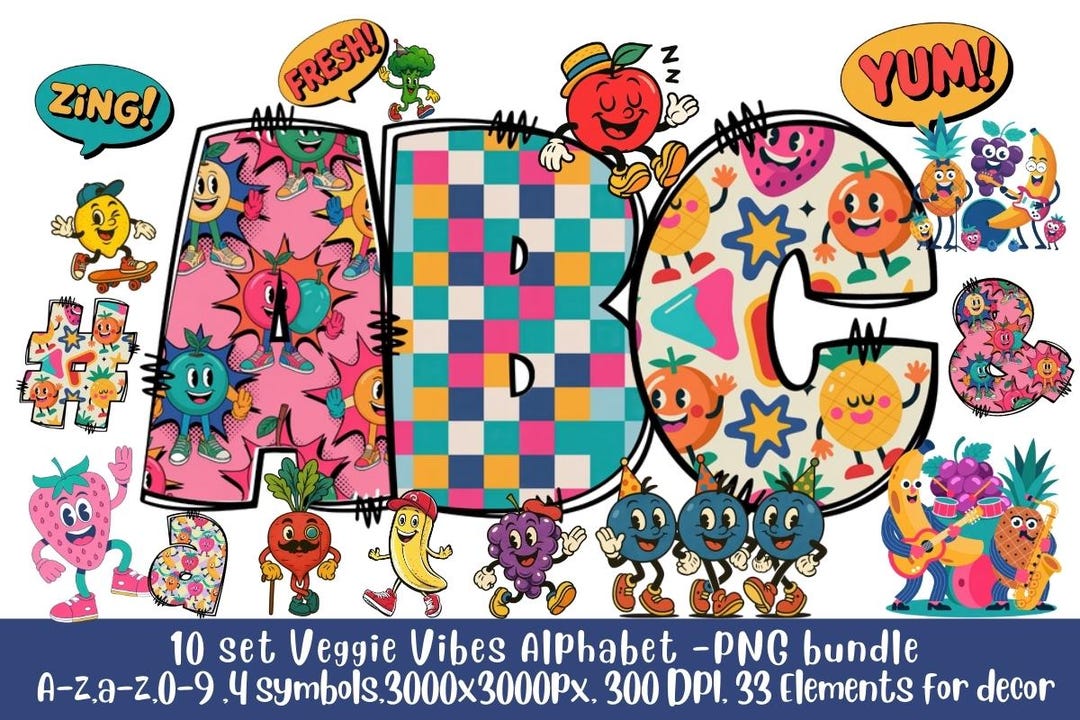 Veggie Vibes Alphabet PNG Bundle: A-Z Letters, Numbers, Symbols ...