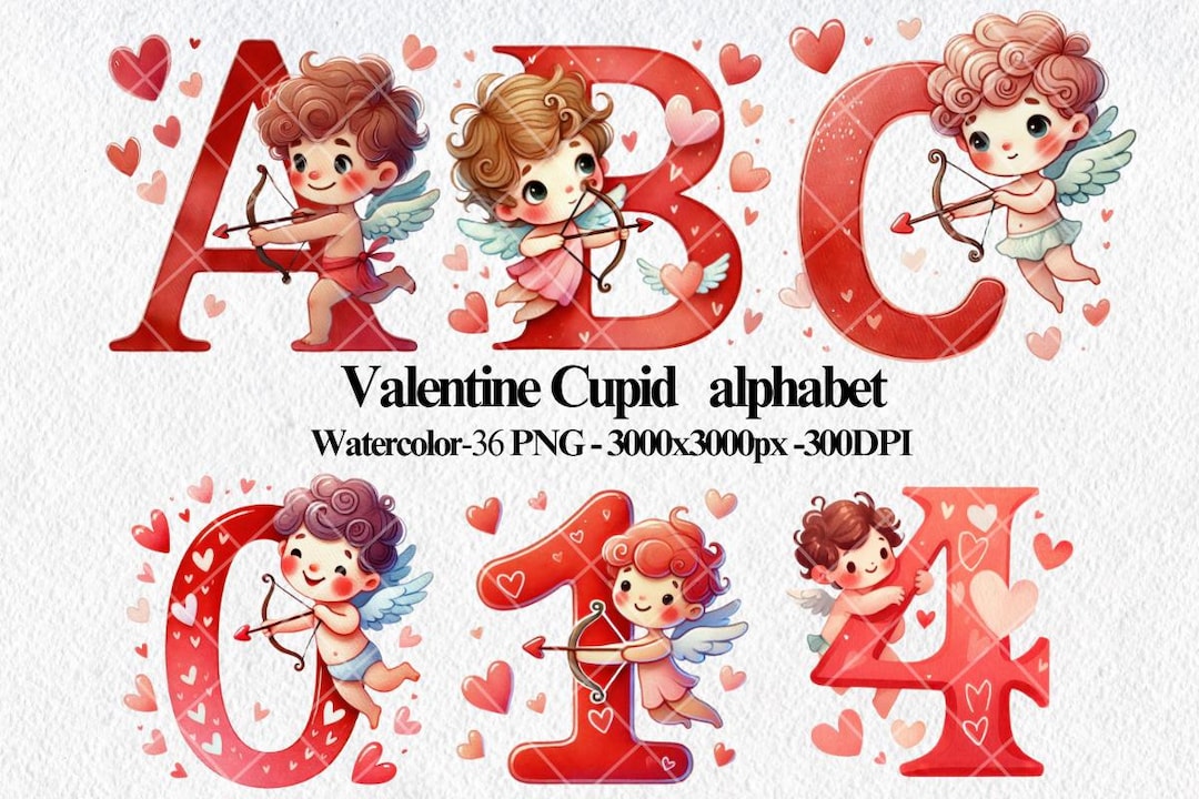 Valentine Cupid Alphabet and Letters, Watercolor Clipart Set ,36 PNG ...