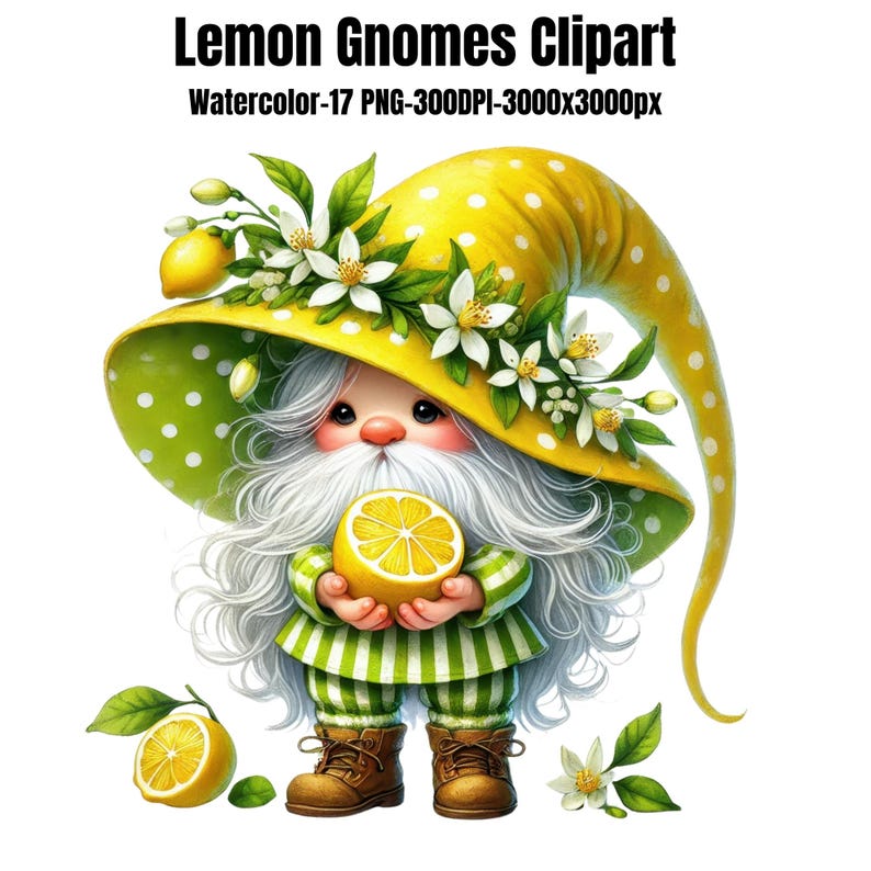 Watercolor Lemon Gnomes Clipart: Summer Citrus PNG (digital Download ...