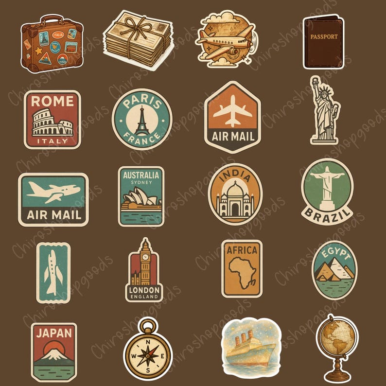 Vintage Travel Aesthetic Stickers Bundle for Scrapbooking, Retro ...