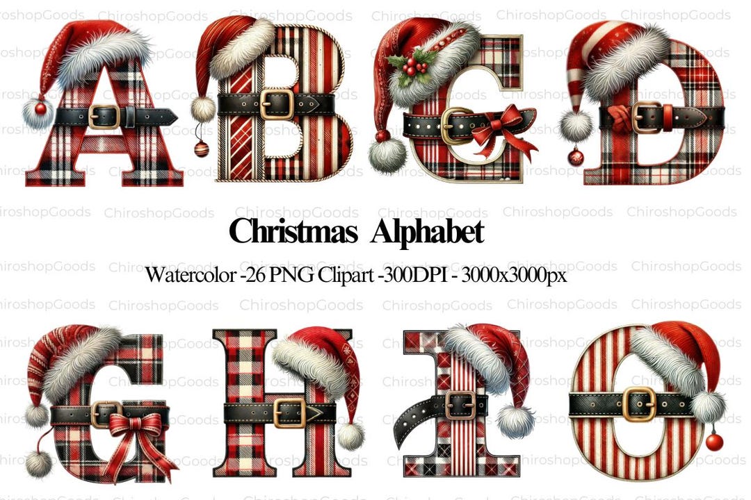 Christmas Alphabet, Watercolor Clipart, Plaid Holiday Letters PNG ...