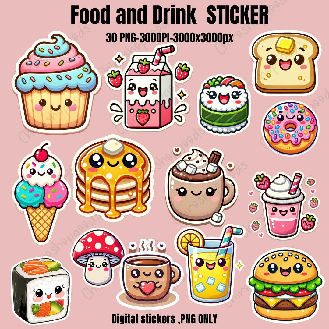 Cute Food and Drink Digital Stickers Pack, 30 PNG Files, 300 DPI Kawaii ...