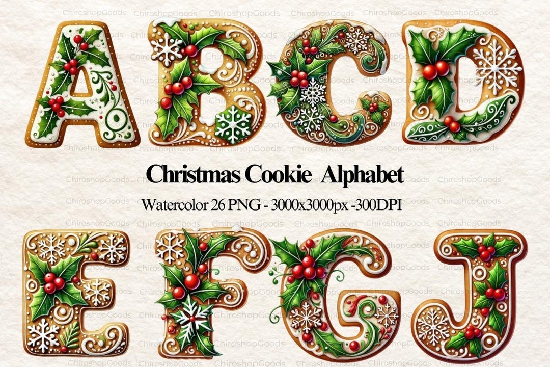 Watercolor Christmas Cookie Alphabet Clipart: Holiday Lettering ...