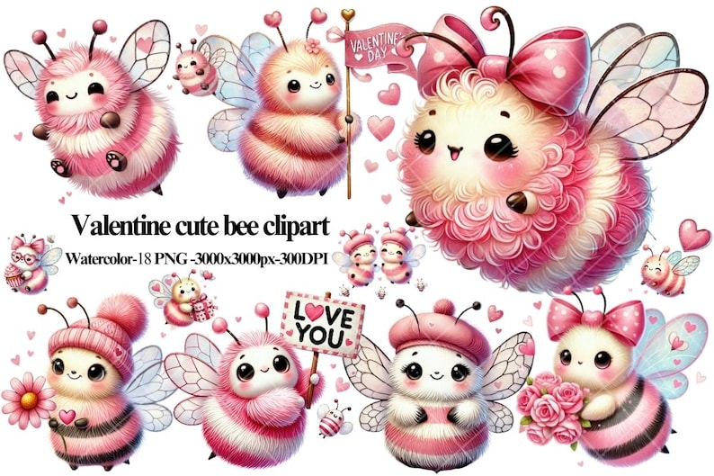 Valentine Cute Bee Clipart Bundle, Love,18 Watercolor Pink Bees PNG ...