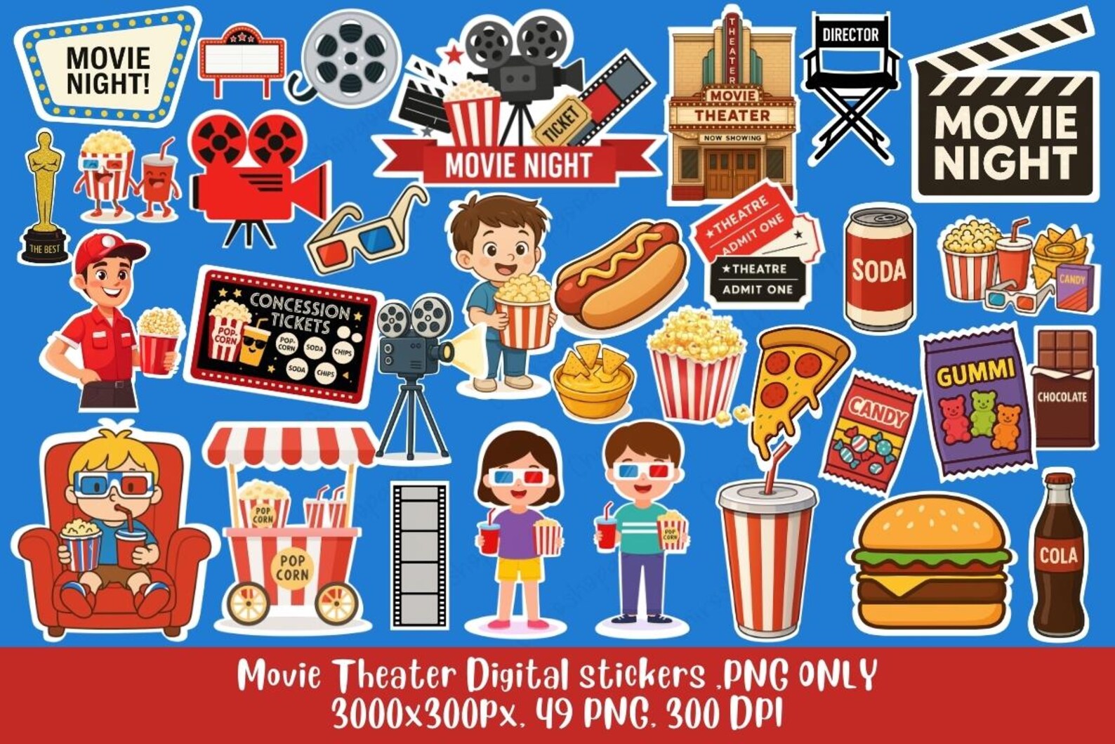 Movie Theater Digital Stickers Bundle for Movie Night Crafts, 49 Fun ...