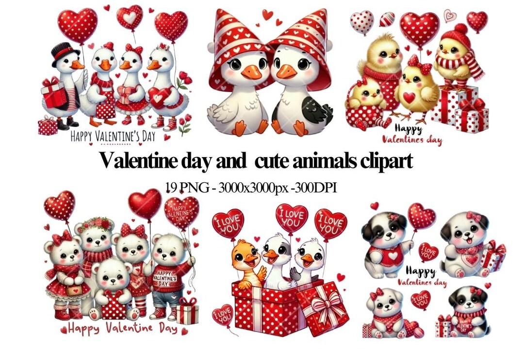 Valentine's Day Animal Clipart Bundle, Cute Animal Pngs, Romantic ...