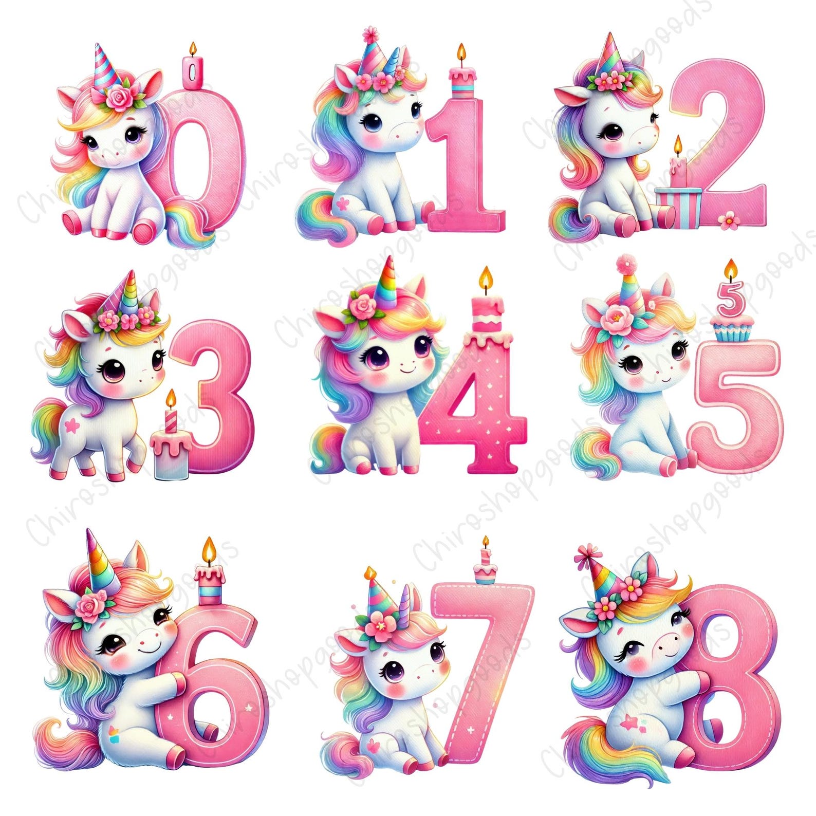 Birthday Unicorn Numbers Clipart Set, Kids Party Decorations Clipart ...