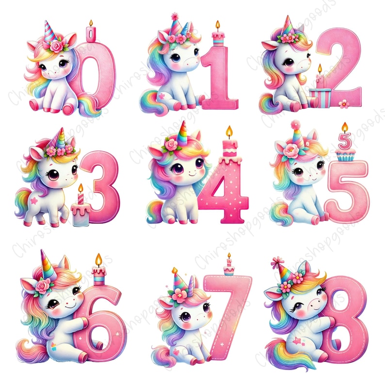 Birthday Unicorn Numbers Clipart Set, Kids Party Decorations Clipart ...