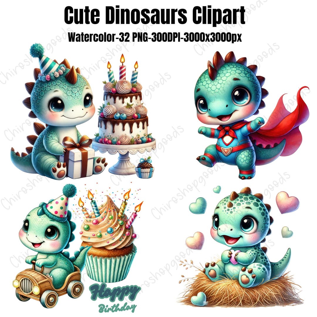 Cute Dinosaur Birthday Clipart, Watercolor Baby Dino PNG, Cartoon Dino ...