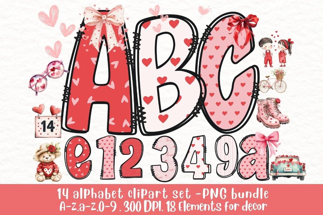 Valentine's Day Alphabet Clipart: Heart Doodle Letters (PNG Files) - Etsy