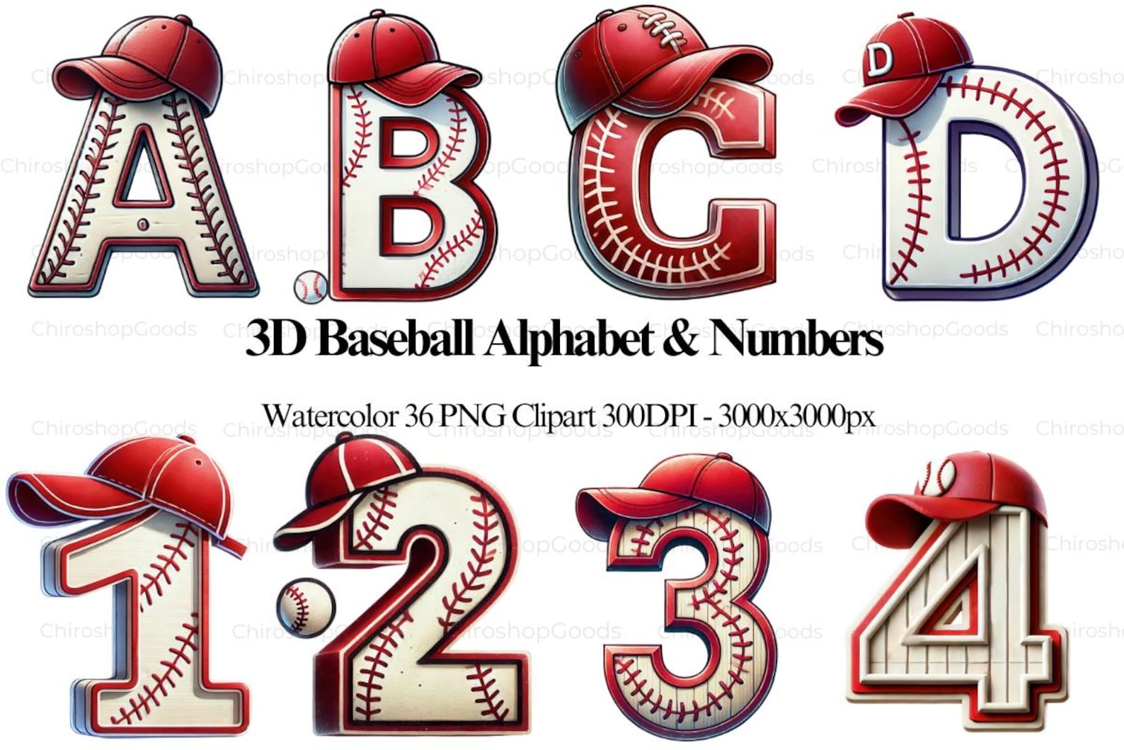 3D Baseball Alphabet Clipart: Watercolor Sports Letters (digital ...